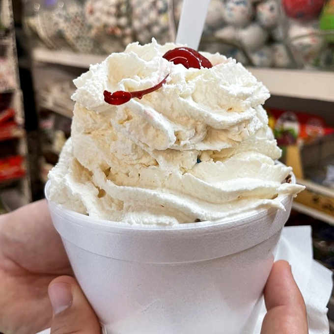 A mountain of whipped cream crowns this sundae like a sugary Everest that dares you to conquer it one delicious spoonful at a time.