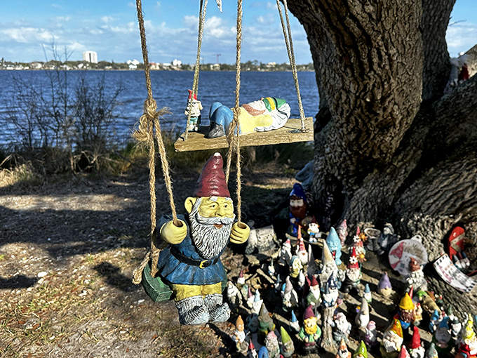 This enterprising gnome has installed a swing with river views, demonstrating the kind of innovation that separates the Holly Hill community from average garden variety.