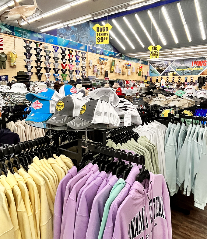 Variety of Apparel: A rainbow of vacation-ready garments beckons shoppers to upgrade their beach wardrobe with coastal flair.