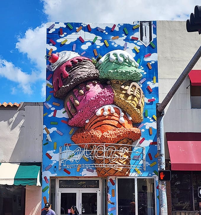Azucar's towering ice cream cone mural announces this Little Havana gem's creative, Cuban-inspired frozen treats.