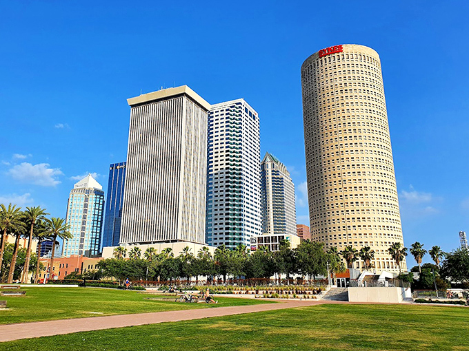Curtis Hixon Park's fountain creates an urban playground where Tampa residents escape the heat while enjoying spectacular downtown views.