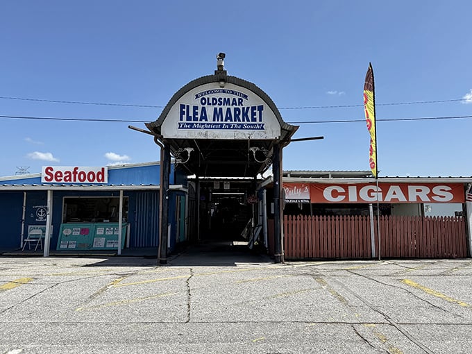 "The Mightiest In The South" isn't just bragging! Oldsmar's impressive arched entrance flanked by seafood and cigars offers a uniquely Florida shopping trifecta.