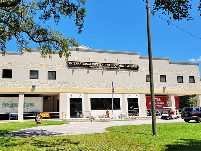The simple white building keeps its carnival treasures hidden until you step inside to explore.