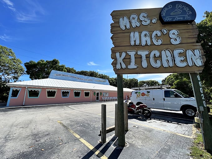 The iconic wooden sign for Mrs. Mac's Kitchen has welcomed generations of seafood lovers to this beloved Key Largo institution.
