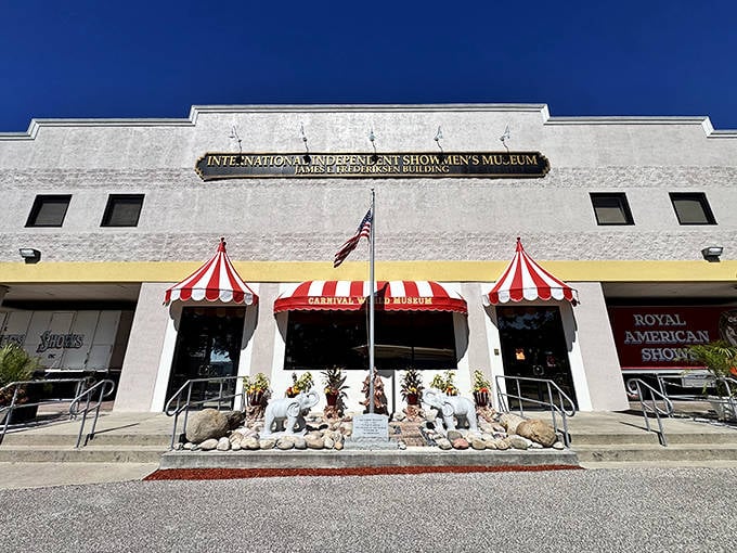 Red and white striped awnings hint at the circus magic preserved within these walls in Riverview.