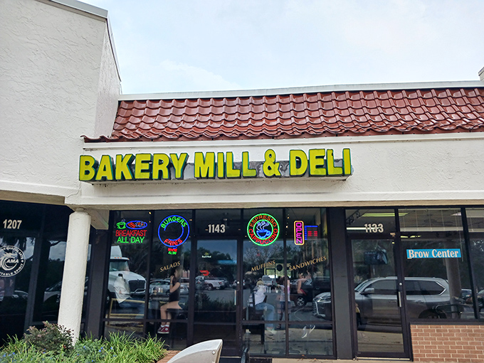 Neon signs promise "Breakfast All Day" - music to the ears of hungry University of Florida students.