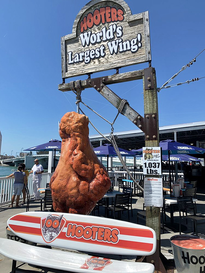 The wing's golden-orange exterior glistens in the sunlight, looking perpetually ready for a dunk in blue cheese dressing.