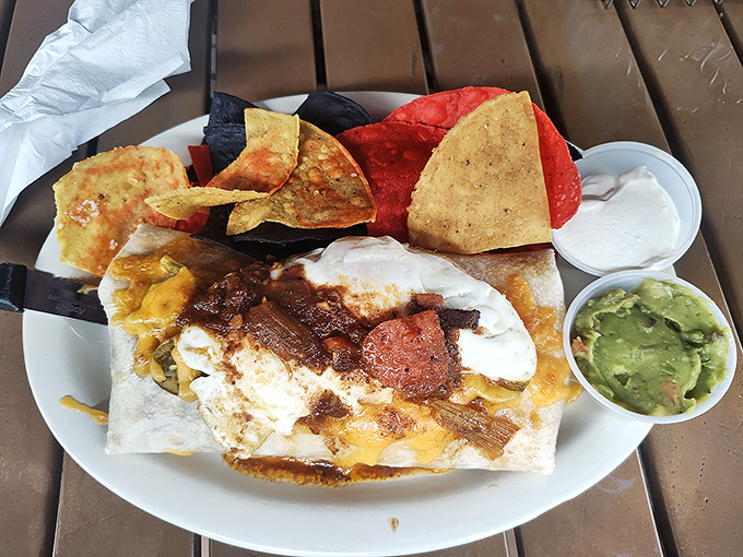 Breakfast wrapped in a warm tortilla blanket, topped with melty cheese and accompanied by a rainbow of tortilla chips.