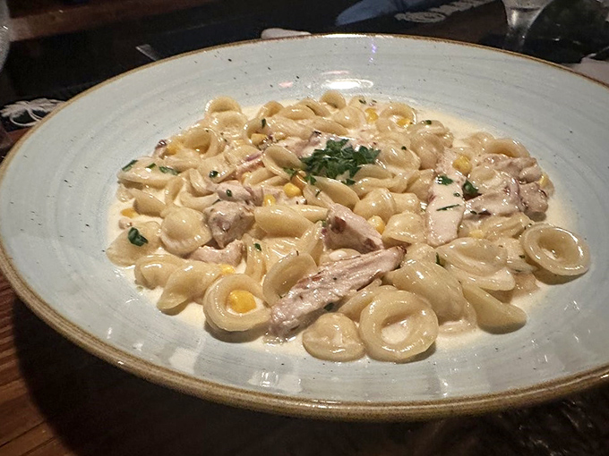 Chicken Orecchiette: "Little ears" of pasta catch every drop of the delicate sauce, while tender chicken proves land creatures deserve respect in this underwater kingdom.