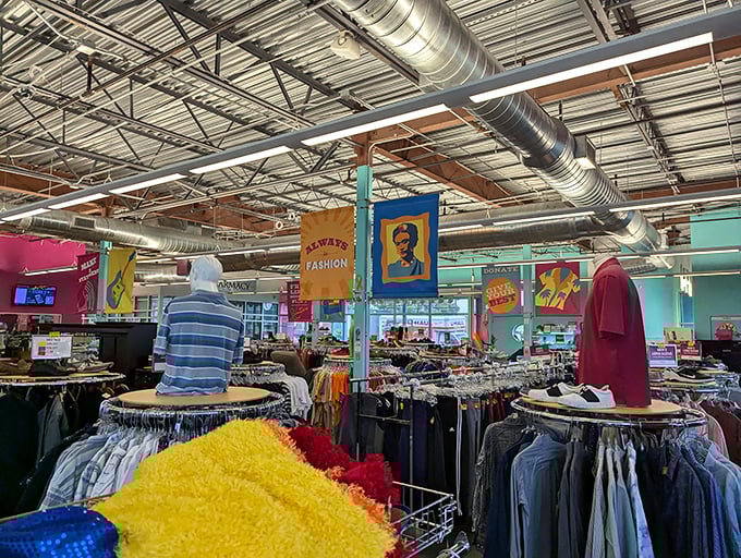 Colorful banners guide you through departments like cheerful signposts on the road to thrift nirvana.