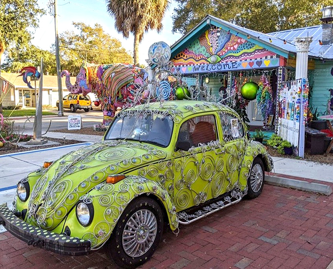 Not your average Volkswagen &ndash; this lime-green art car proves that even transportation can be a canvas for whimsical self-expression.
