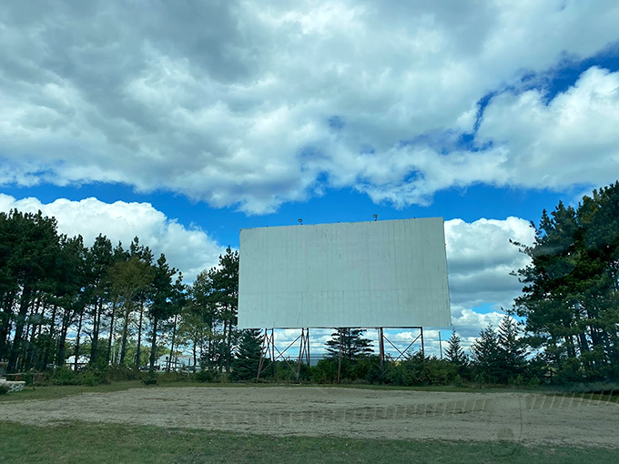 Standing tall against Michigan's blue sky, the massive screen waits patiently for darkness to transform into storyteller.