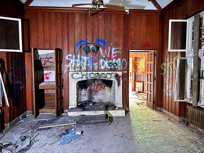 This fireplace once warmed the mansion's well-heeled guests &ndash; now it stands cold, its mantel bearing colorful marks of visitors less concerned with etiquette.