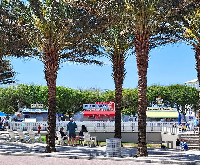 Culinary temptations line up in Seaside's famous food truck row, where deciding what to eat becomes your most delicious dilemma of the day.