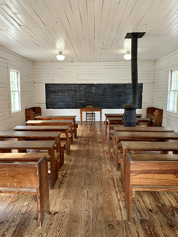Lessons from another era echo through this one-room schoolhouse, where wooden desks and a potbelly stove were educational essentials.