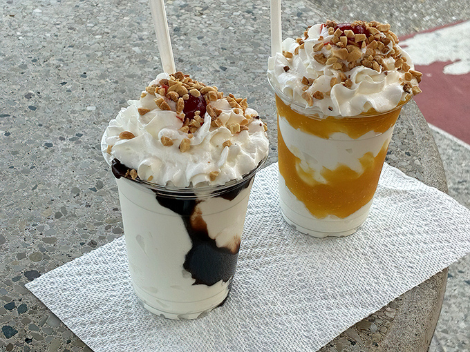 Chocolate lovers, rejoice! This hot fudge creation swirls dark decadence with creamy vanilla, proving that sometimes the best relationships are built on delicious contrasts.