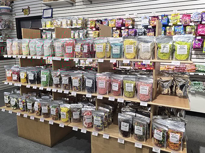 The meticulously organized bulk candy section lets you create your own sugar adventure, one scoop at a time.