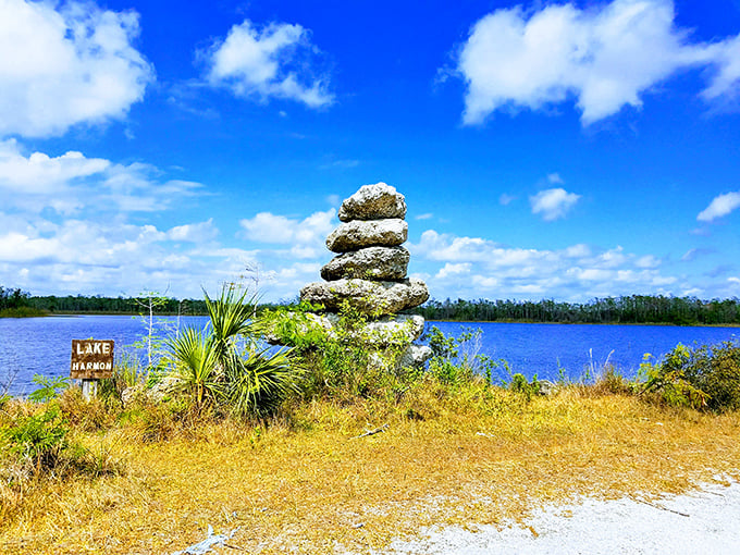 The rock cairn marks Lake Hatchee like a natural monument, standing guard over waters that reflect the sky with mirror-like precision.
