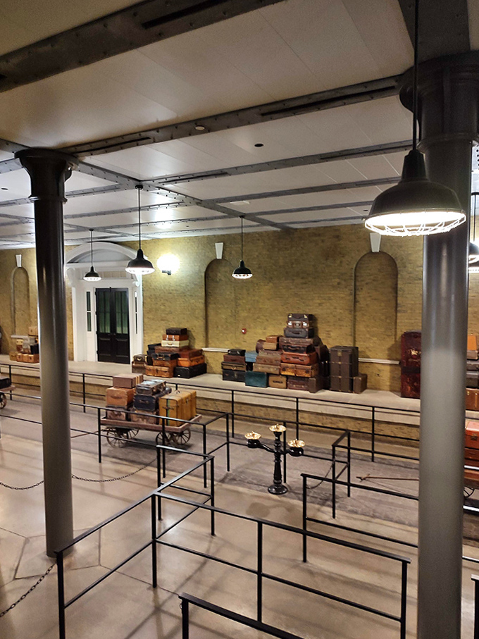 Vintage trunks and suitcases stacked high create an authentic period atmosphere &ndash; someone's packed for a long term at Hogwarts!