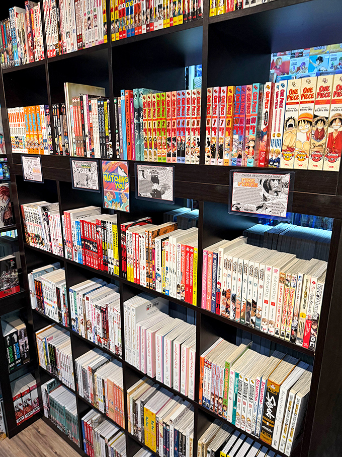 The manga section stands as a testament to storytelling that transcends cultures, each spine a doorway to Japanese artistic brilliance.