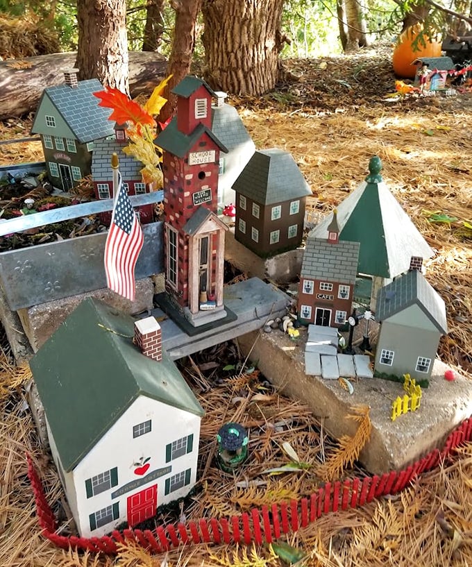 Mini Town Scene With Schoolhouse: A fairy village complete with schoolhouse and American flag - civics lessons happen at all scales.