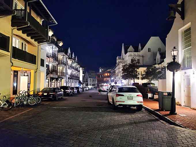 As night falls, Rosemary Beach transforms into a magical wonderland of twinkling lights and gentle shadows, perfect for after-dinner strolls.