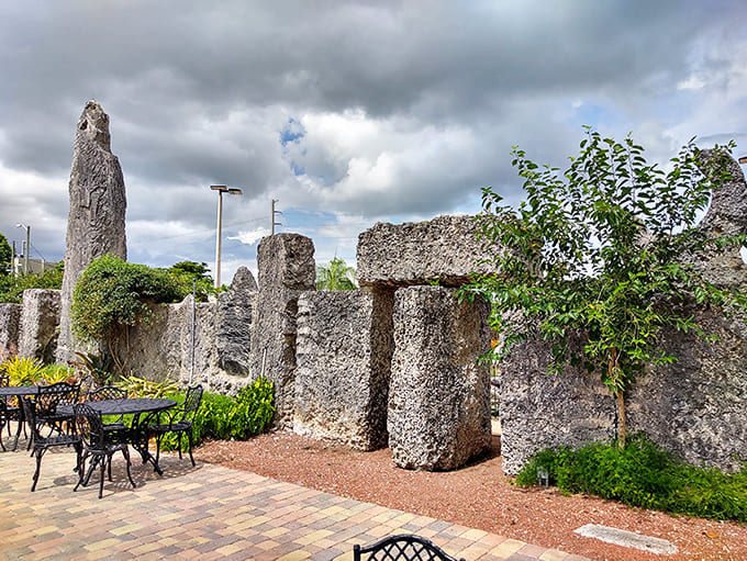 These inviting outdoor tables offer a moment of contemplation, though the chairs might leave your posterior contemplating discomfort too.