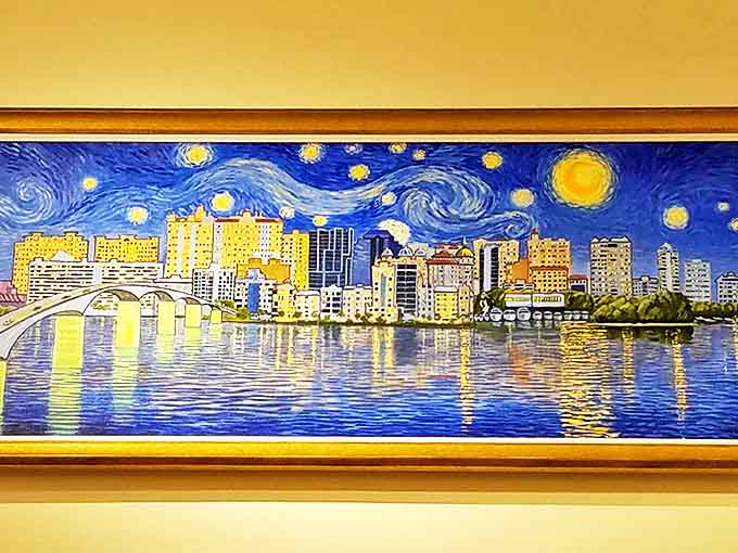 Sarasota's skyline gets the Van Gogh treatment with swirling stars that would make the Dutch master nod in approval—"Starry Night" meets "Florida Afternoon."