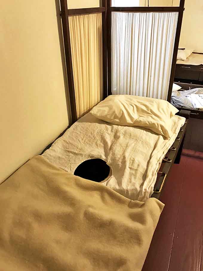 The original "sleep tight" – rope beds could be tightened or loosened for patient comfort, with a strategically placed hole for bedpan access.