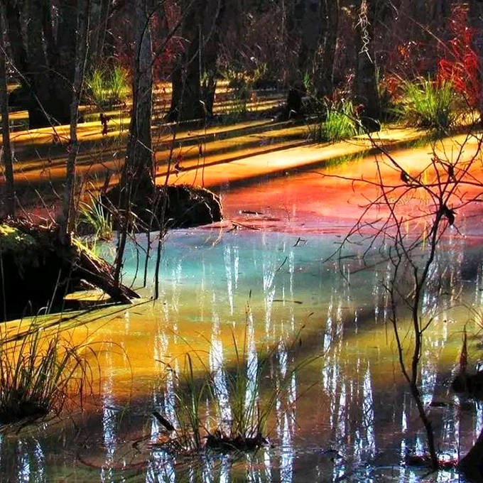 The swamp's surface breaks into bands of color that would make a peacock jealous – all thanks to decomposing leaves.