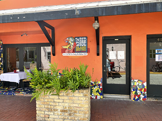The Red Shoe Island Bistro's vibrant exterior hints at the colorful culinary creations waiting inside this local favorite.
