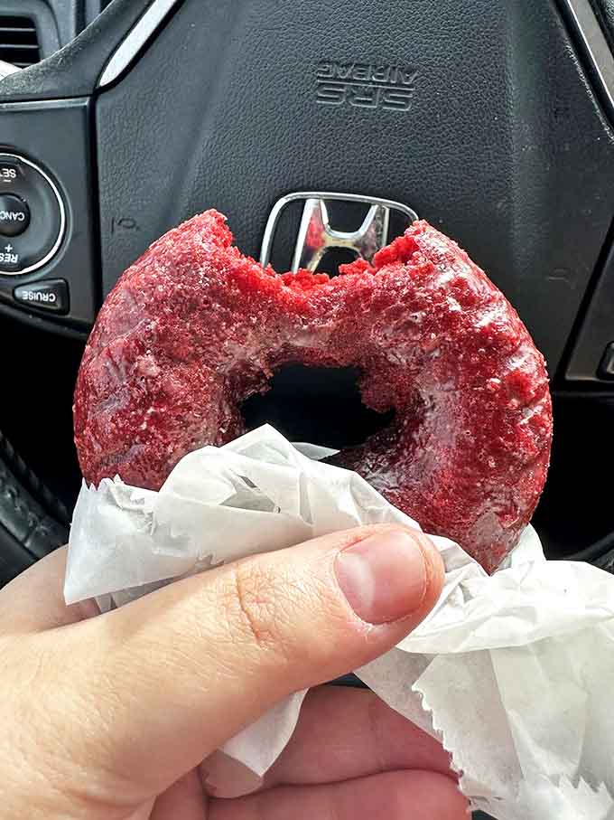The red velvet donut – proof that sometimes the most beautiful things in life come with a hole in the middle.