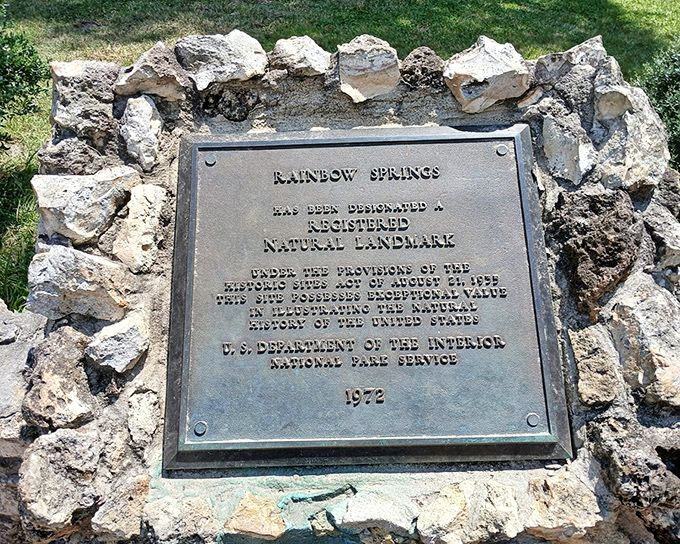 This 1972 plaque marks Rainbow Springs as a national treasure, recognized long before Instagram made it famous.