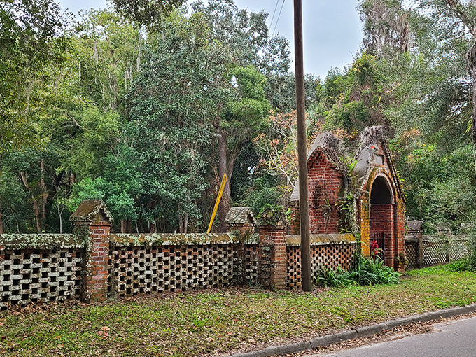 The Montgomery Wall's intricate brickwork showcases 19th-century craftsmanship, its weathered lattice pattern creating a hauntingly beautiful boundary.