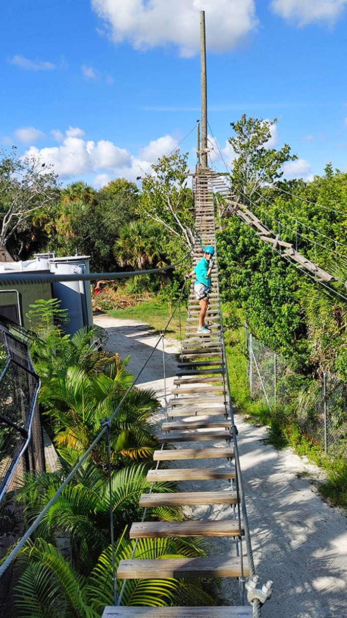 The ultimate test of nerve and balance – a lone adventurer navigates the suspended bridge with nothing but air beneath.