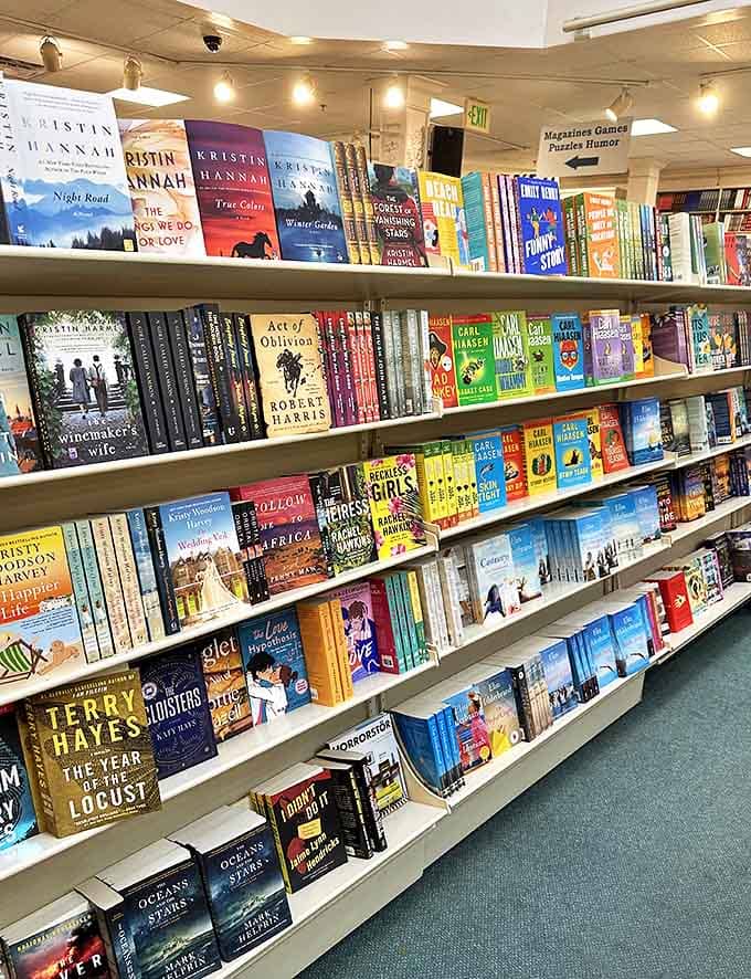 Colorful spines create a literary rainbow – each book a doorway to another world, meticulously arranged to catch the wandering eye.