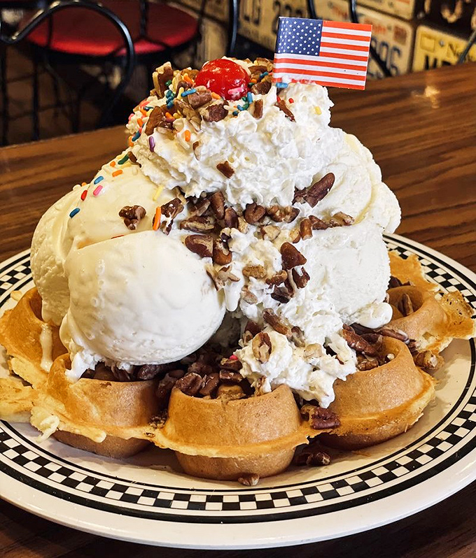 Breakfast meets dessert in a rebellious alliance &ndash; warm waffle foundations supporting towers of vanilla and crunchy pecans.