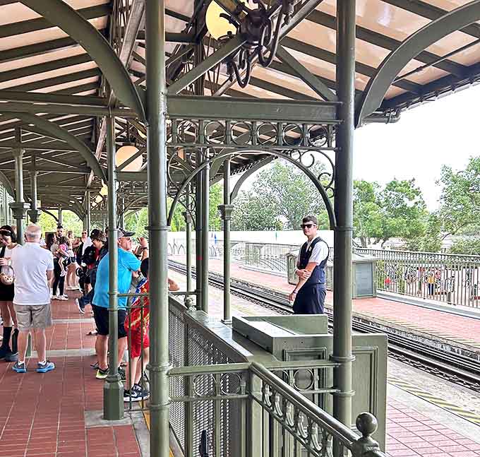 The boarding area's wrought iron details and turn-of-the-century design transport visitors to a bygone era of elegant train travel.