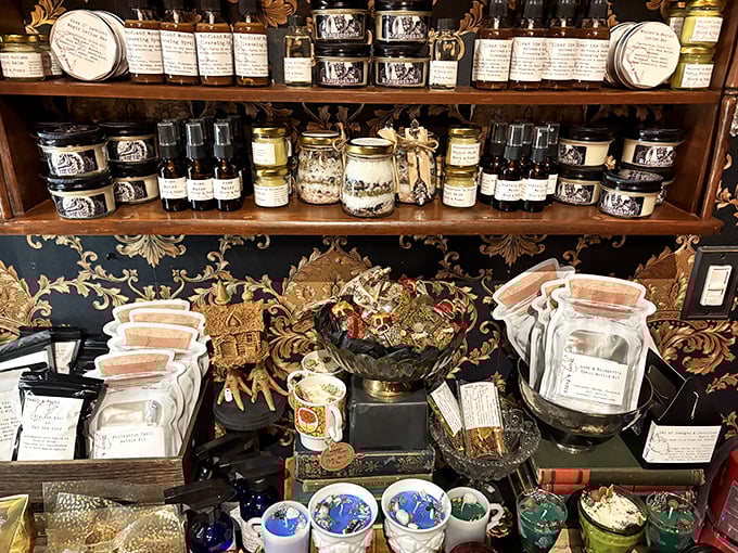 Meticulously labeled jars contain mysterious potions, bath salts, and herbal concoctions for those brave enough to bring the magic home.