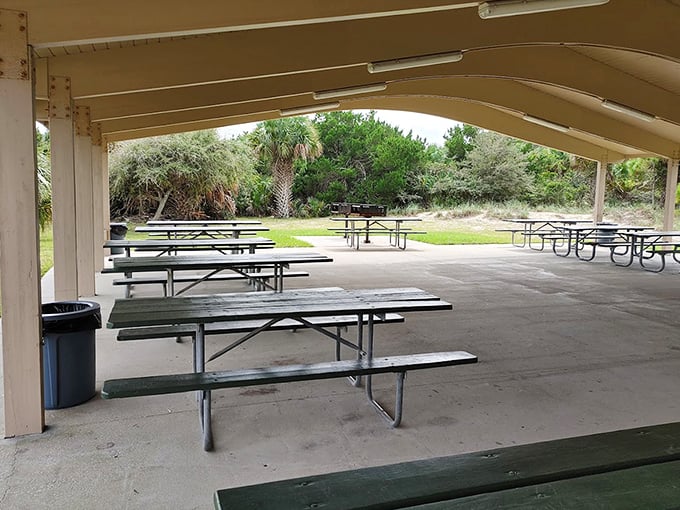 Empty picnic tables wait patiently under a pavilion roof &ndash; nature's dining room where the view outshines any five-star restaurant.