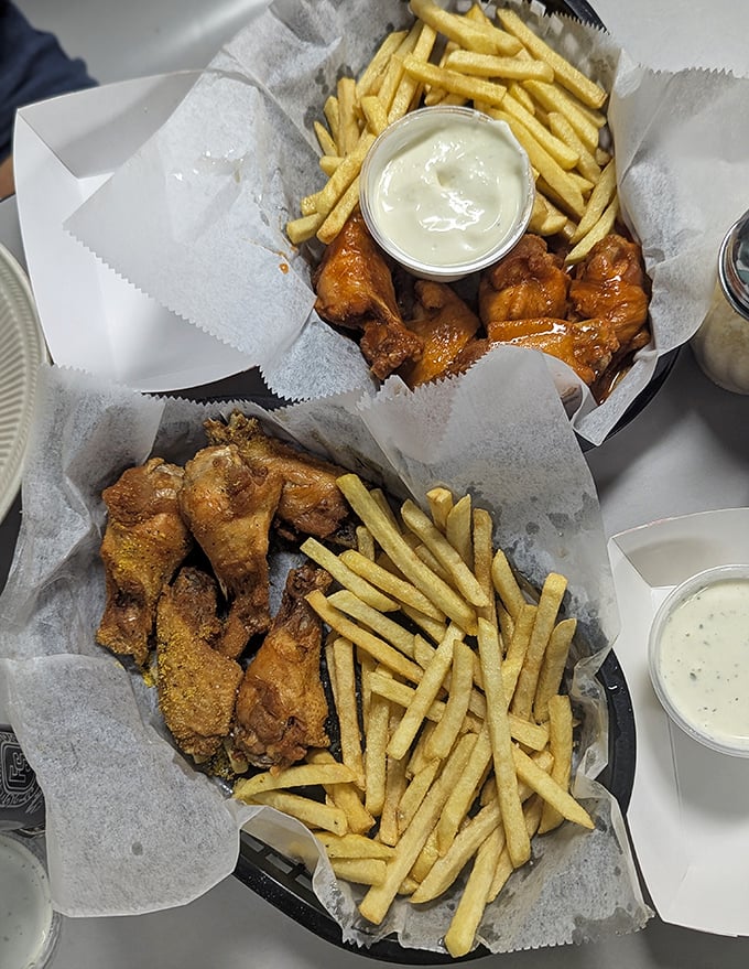 The perfect partnership: crispy wings and golden fries with cooling ranch dip, a trio that's caused more joy than most relationships.