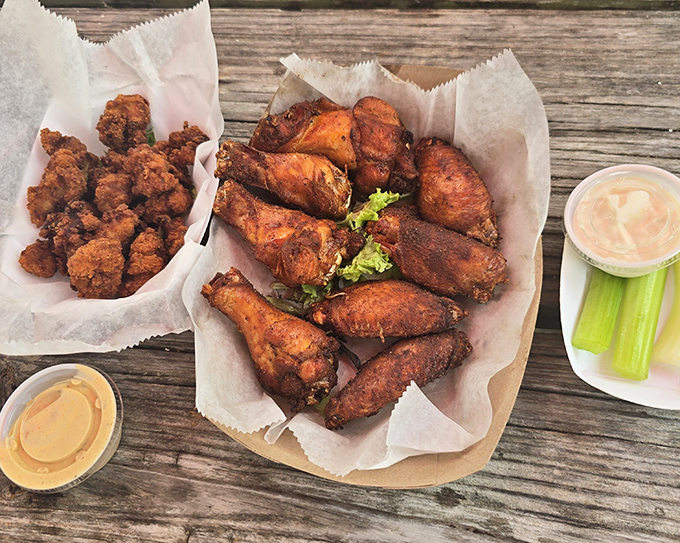 The perfect marriage of crispy exterior and juicy interior makes these wings worth the journey down that dusty road.