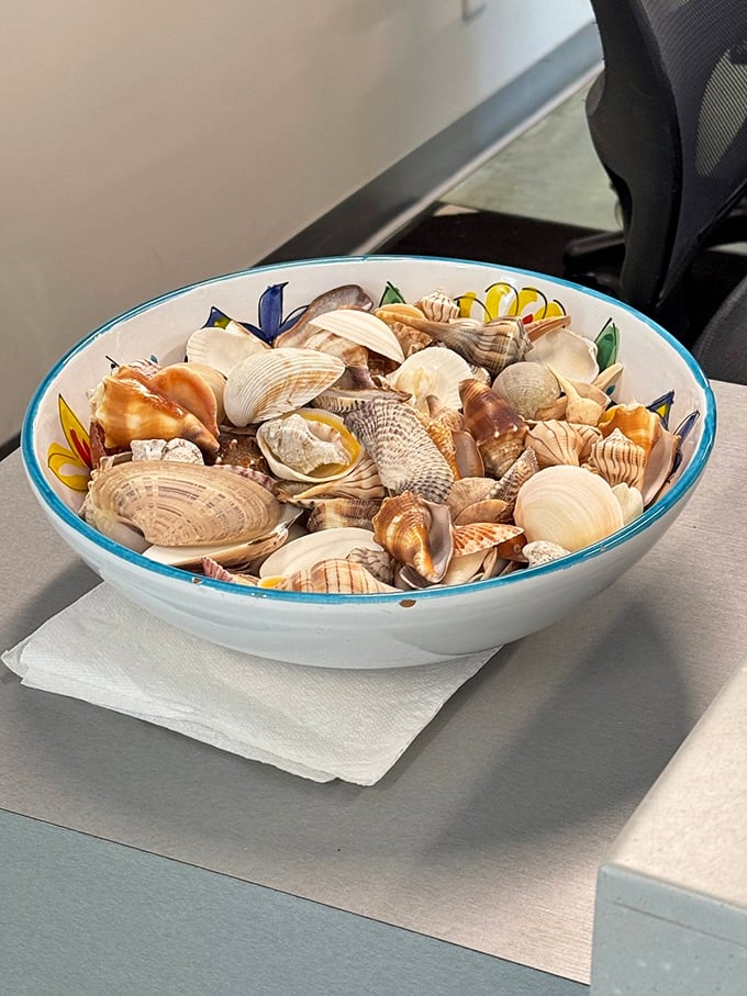 A rainbow of seashells nestled in a decorative bowl &ndash; like nature's candy dish, but with fewer calories and more calcium carbonate.