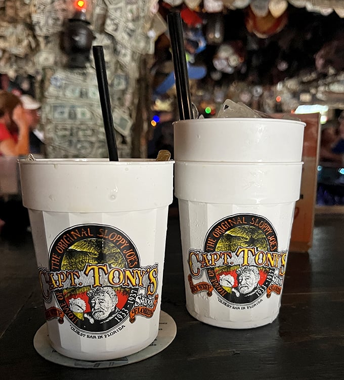 Captain Tony's branded cups hold liquid courage that has inspired countless patrons to leave their mark on this legendary establishment.