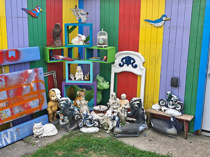 A menagerie of figurines holds court on their colorful stage, like tiny performers waiting for their cue in life's strangest variety show.