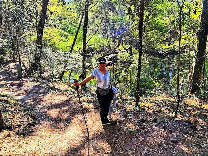 A hiker pauses to take in the serene beauty of the trail, walking stick in hand.