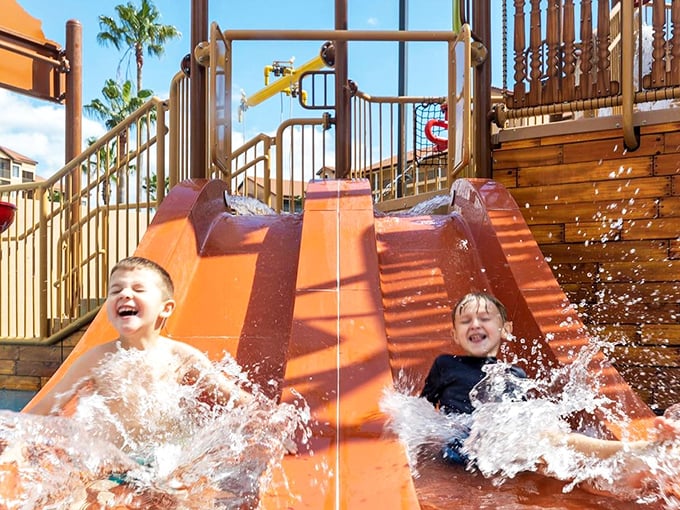 Pure childhood joy captured in mid-splash as these water warriors conquer the slides with the kind of fearlessness only kids possess.