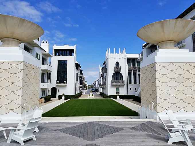 Perfectly aligned buildings create a stunning visual rhythm, showcasing the meticulous urban planning that makes Alys Beach a photographer's paradise.