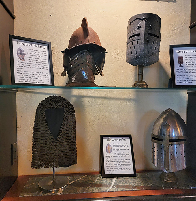 These medieval helmets once protected knights in battle, now they're retired in Florida just like everyone else.