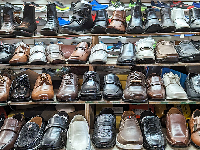 Leather footwear lined up like soldiers ready for inspection. The perfect pair is hiding somewhere in this formation.